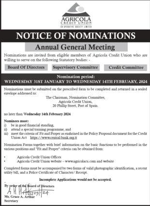 NOMINATION NOTICE - Agricola Credit Union Co-operative Society Limited